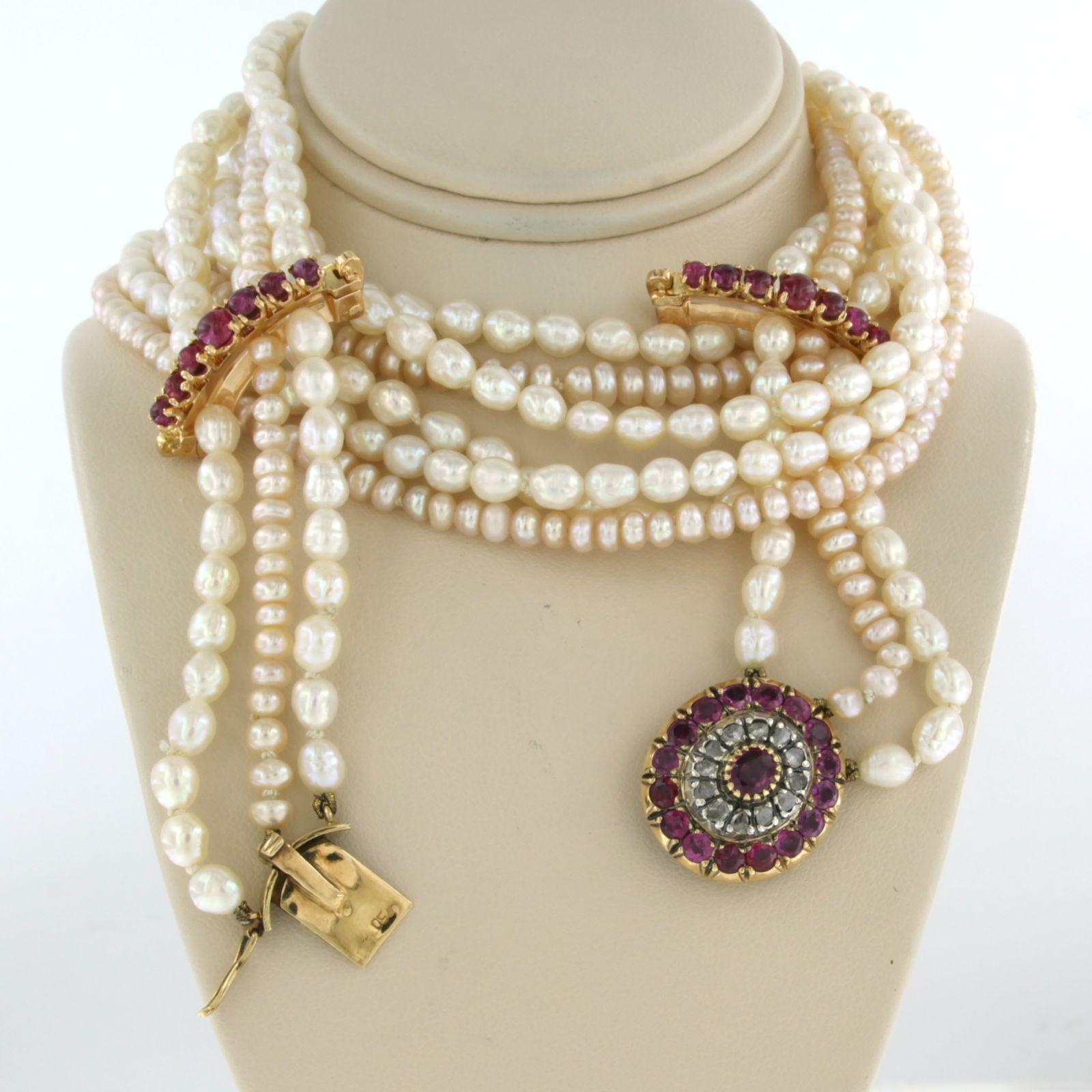 Pearl chain with lock set with ruby and diamonds 18k yellow gold and ...