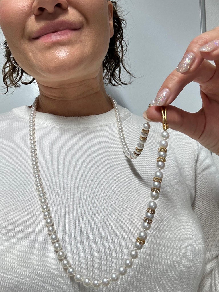 Pearl Diamond Necklace Extra Long Natural Akoya Pearls Strand 18 Karat ...