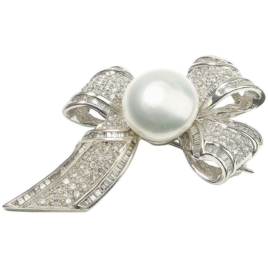 Edwardian Pearl Diamond Platinum Bow Brooch at 1stDibs