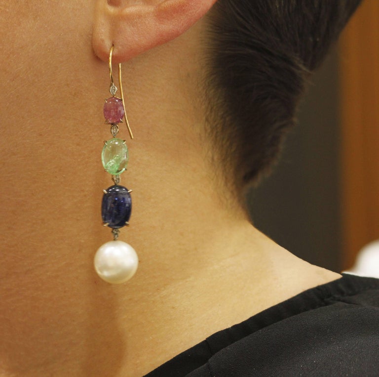 Pearl Diamond Ruby Sapphire Emeralds Rose Gold and Silver Earrings For ...