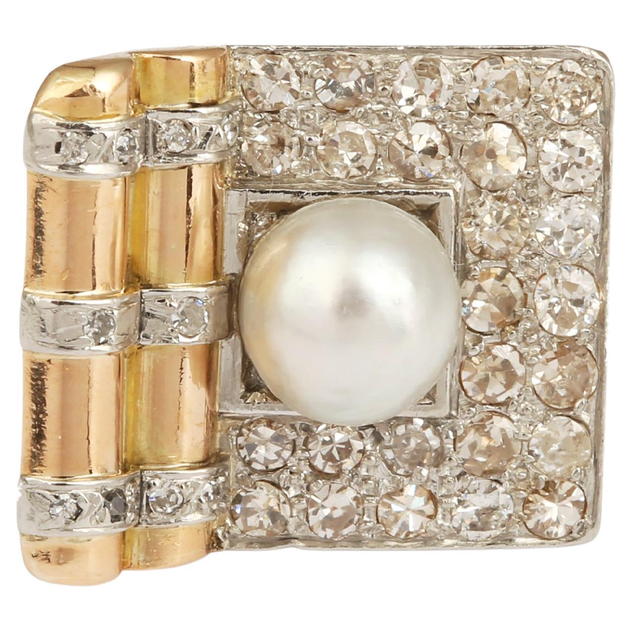 Pearl Diamonds 18 Carat Yellow Gold Retro Tank Ring For Sale at 1stDibs