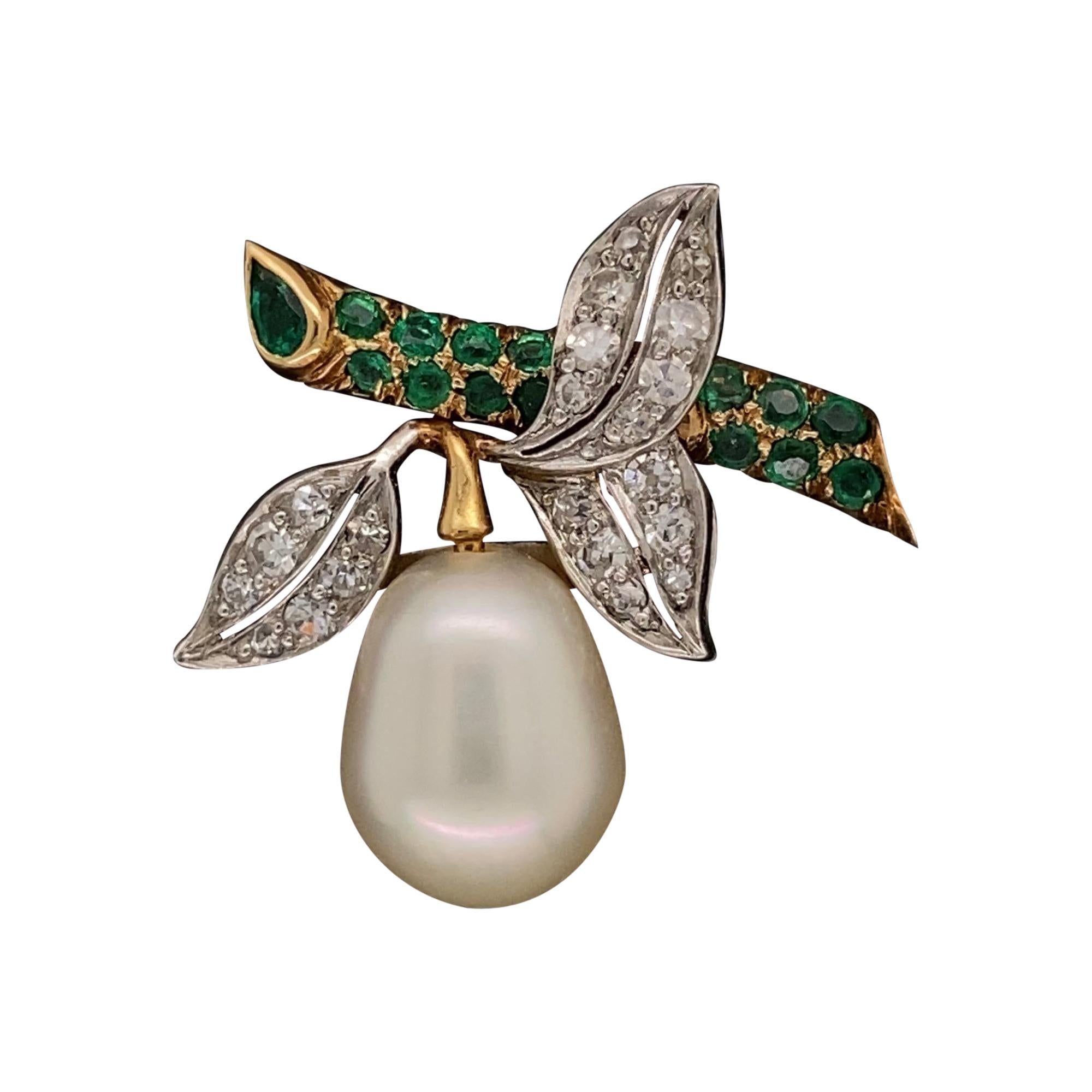 Pearl Diamonds and Emeralds Platinum and Gold Brooch Pin Fine Estate ...
