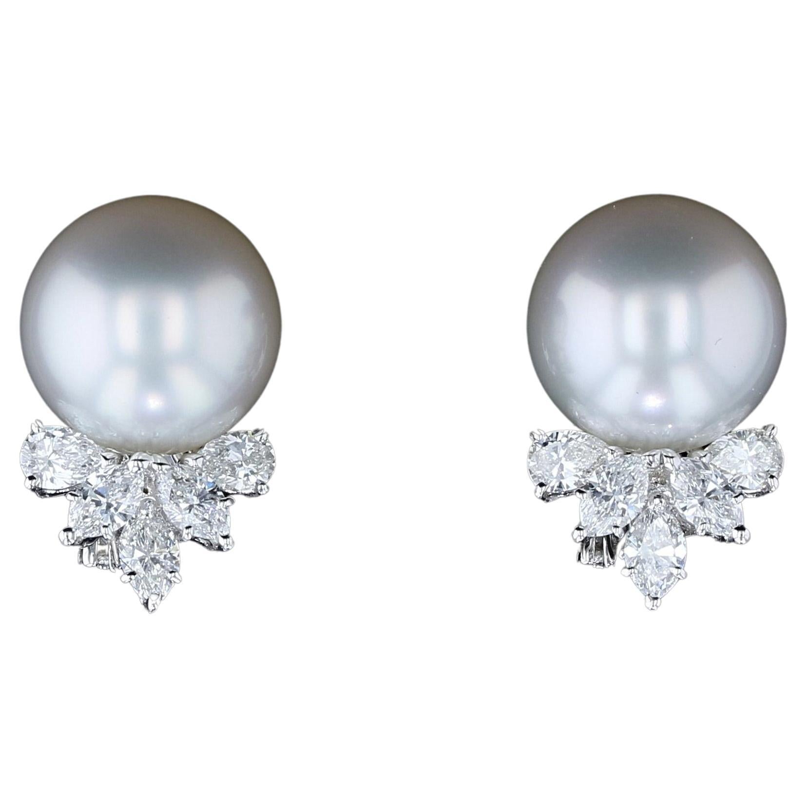 Pearl Earrings with Diamond Cluster Drops at 1stDibs