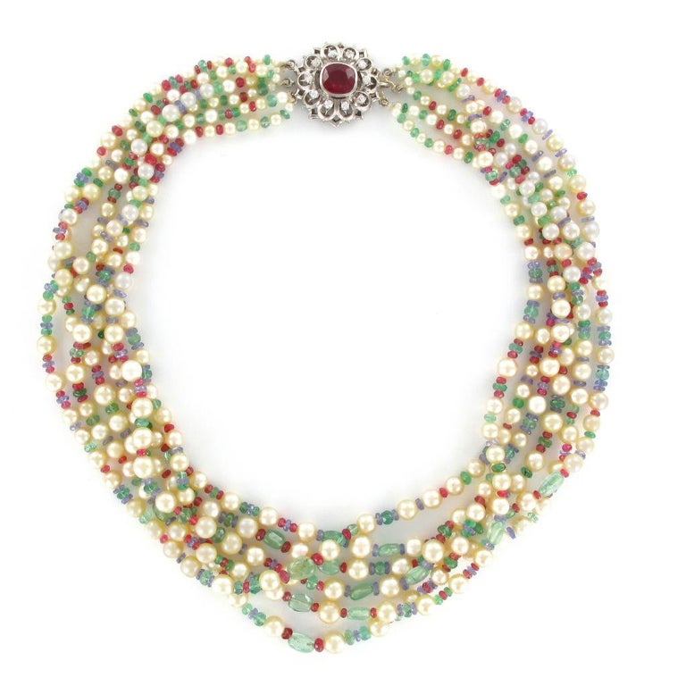 Pearl Emerald Sapphire Ruby Spinel Necklace For Sale at 1stDibs