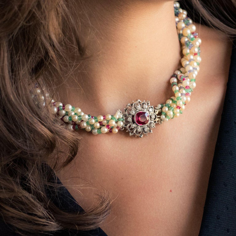 Pearl Emerald Sapphire Ruby Spinel Necklace For Sale at 1stDibs