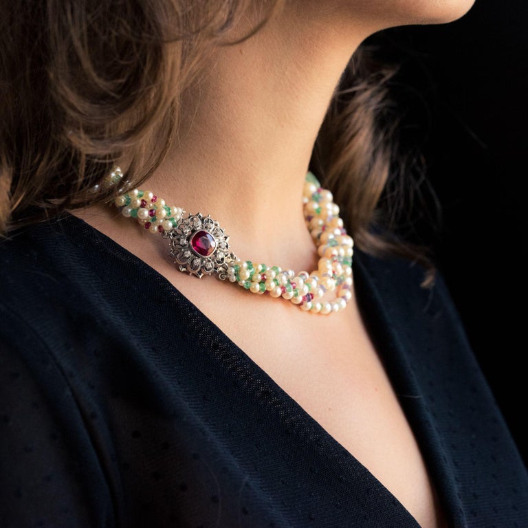 Pearl Emerald Sapphire Ruby Spinel Necklace For Sale at 1stDibs