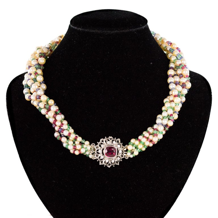 Pearl Emerald Sapphire Ruby Spinel Necklace For Sale at 1stDibs