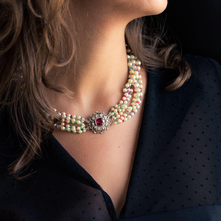 Pearl Emerald Sapphire Ruby Spinel Necklace For Sale at 1stDibs