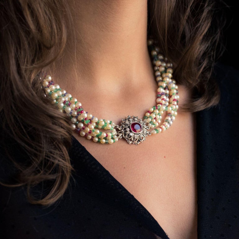 Pearl Emerald Sapphire Ruby Spinel Necklace For Sale at 1stDibs