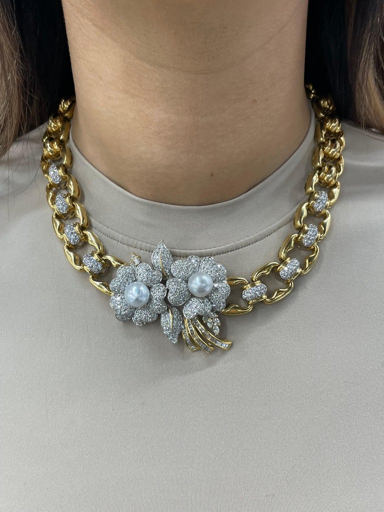 Pearl Floral Diamond Link Necklace 11.50 Carats 18 Karat Yellow Gold ...