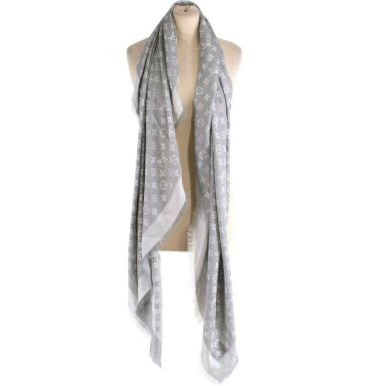 Pearl grey monogram denim wool-silk shawl For Sale at 1stDibs