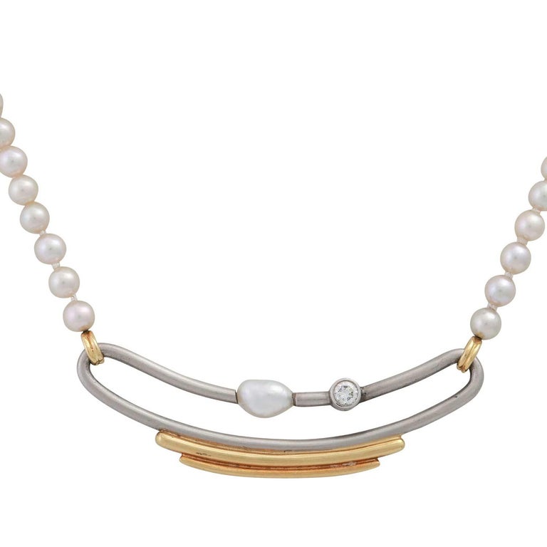 Pearl Necklace, Front Set with 1 Brilliant and 1 Cultured Pearl For ...