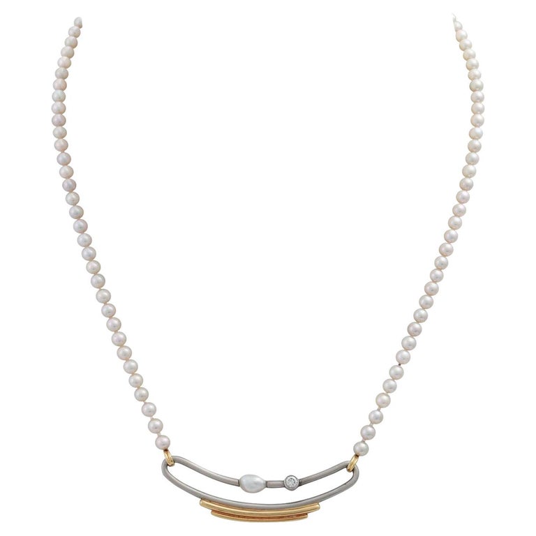 Pearl Necklace, Front Set with 1 Brilliant and 1 Cultured Pearl For ...