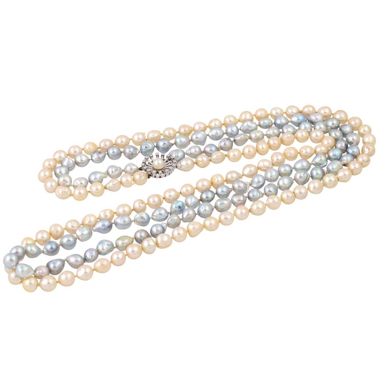 Pearl Necklace in Two Rows with Pearl Diamond Clasp For Sale at 1stDibs