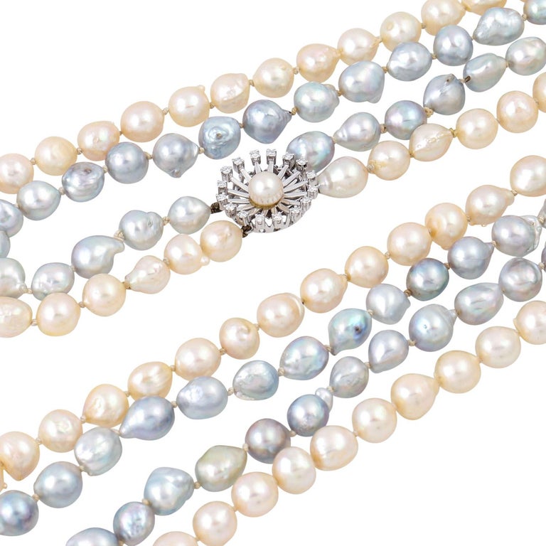 Pearl Necklace in Two Rows with Pearl Diamond Clasp For Sale at 1stDibs