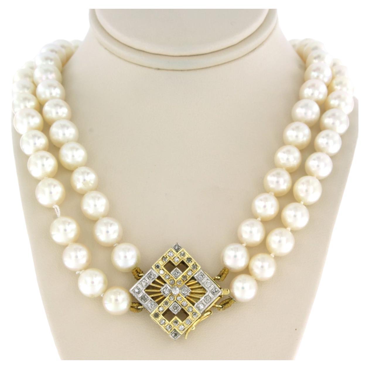 Pearl Necklace and gold lock with diamonds 18k yellow gold For Sale at ...