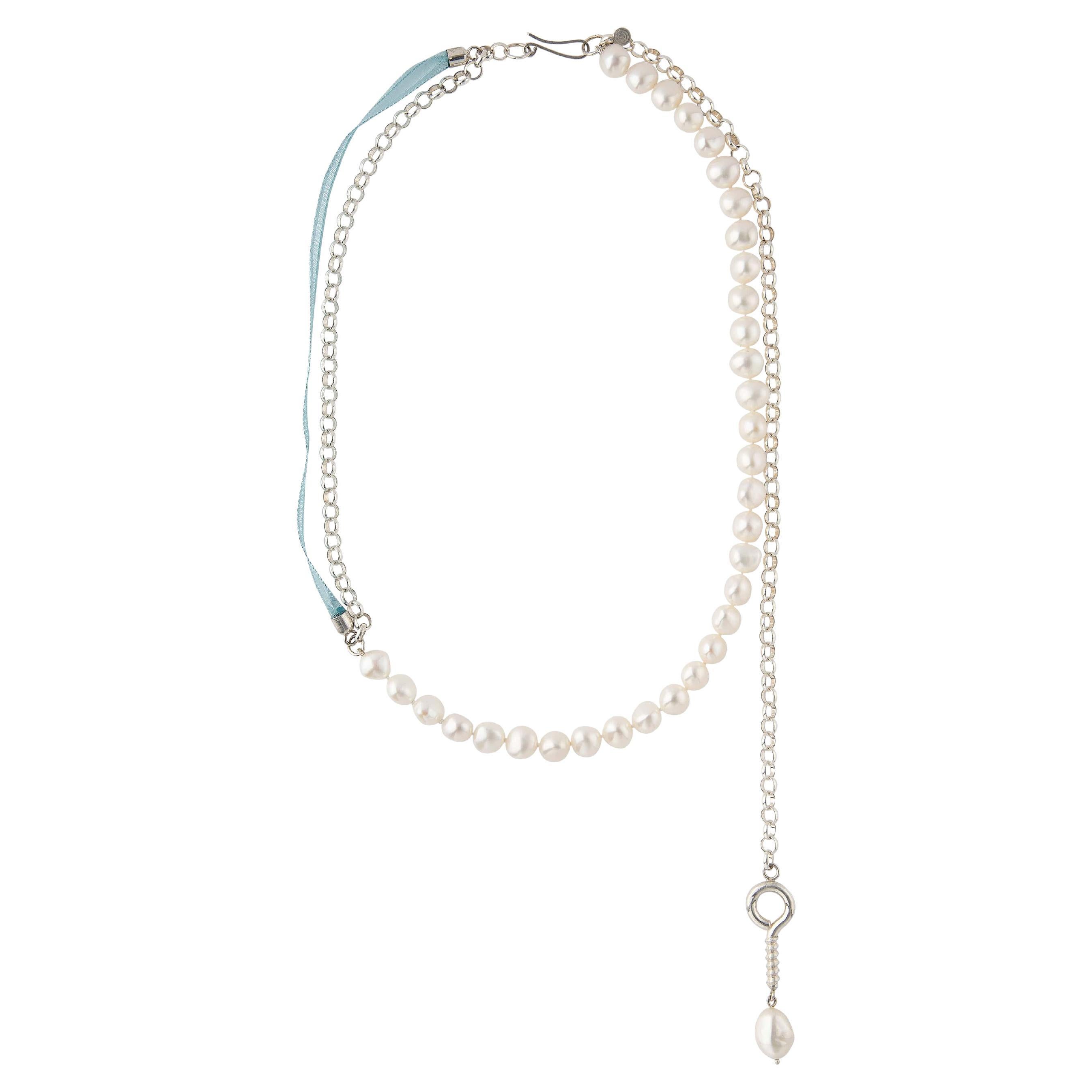 Silver Necklace with Green Ribbons and Hanging Freshwater Pearl For ...