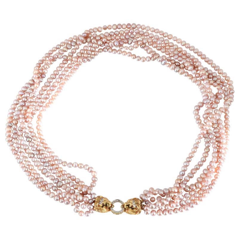 400 Carat Seed Pearl Necklace With Diamond And 14 Karat Yellow Gold