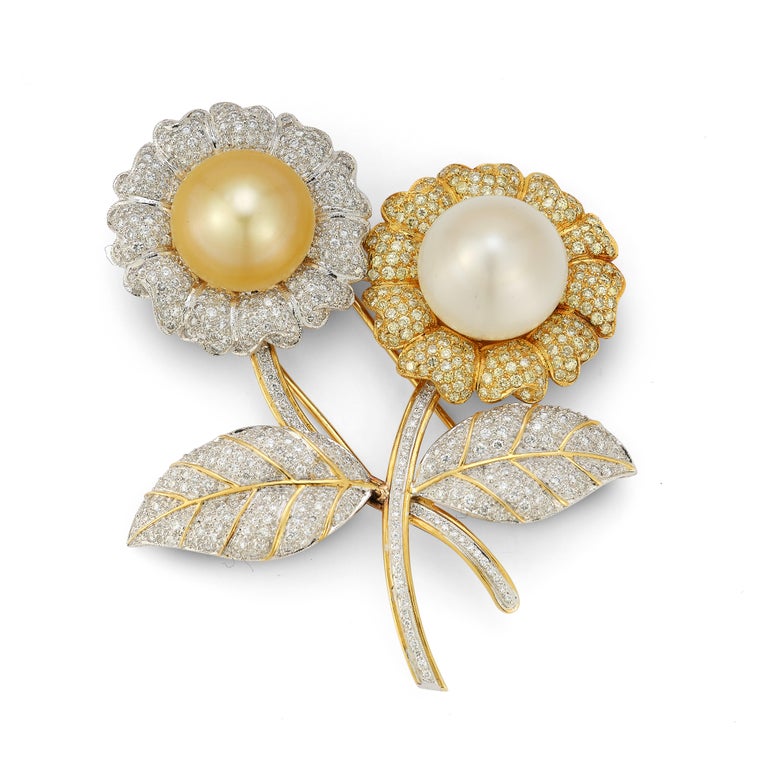 Pearl and Pave Diamond Double Flower Brooch For Sale at 1stDibs