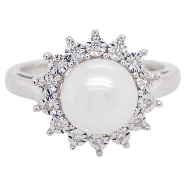 Pearl Ring Set with Diamonds 14k White Gold For Sale at 1stDibs