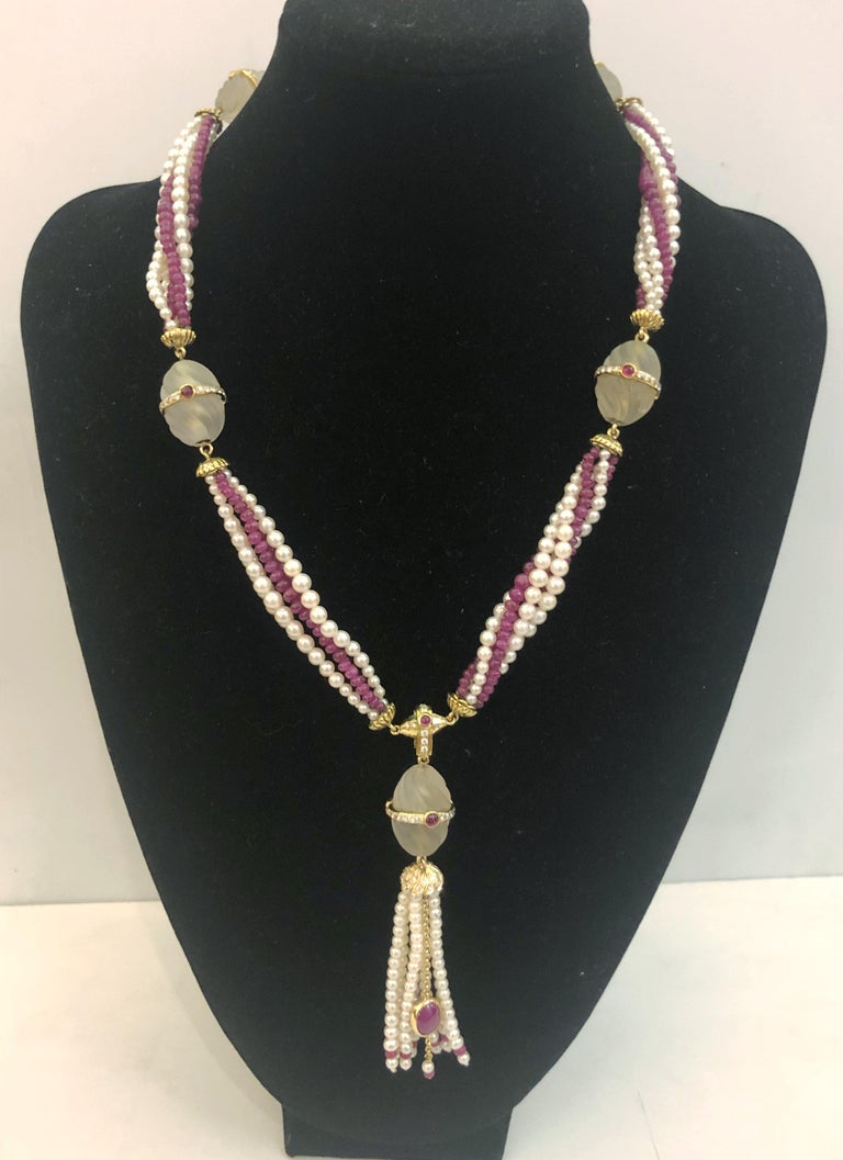 Pearl Ruby and Diamond Necklace For Sale at 1stDibs