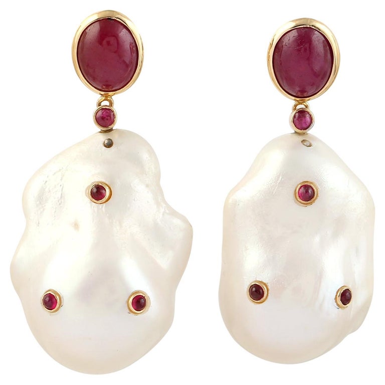 Baroque pearl embellished with Ruby Dangle Earring Made in 18k Gold For ...