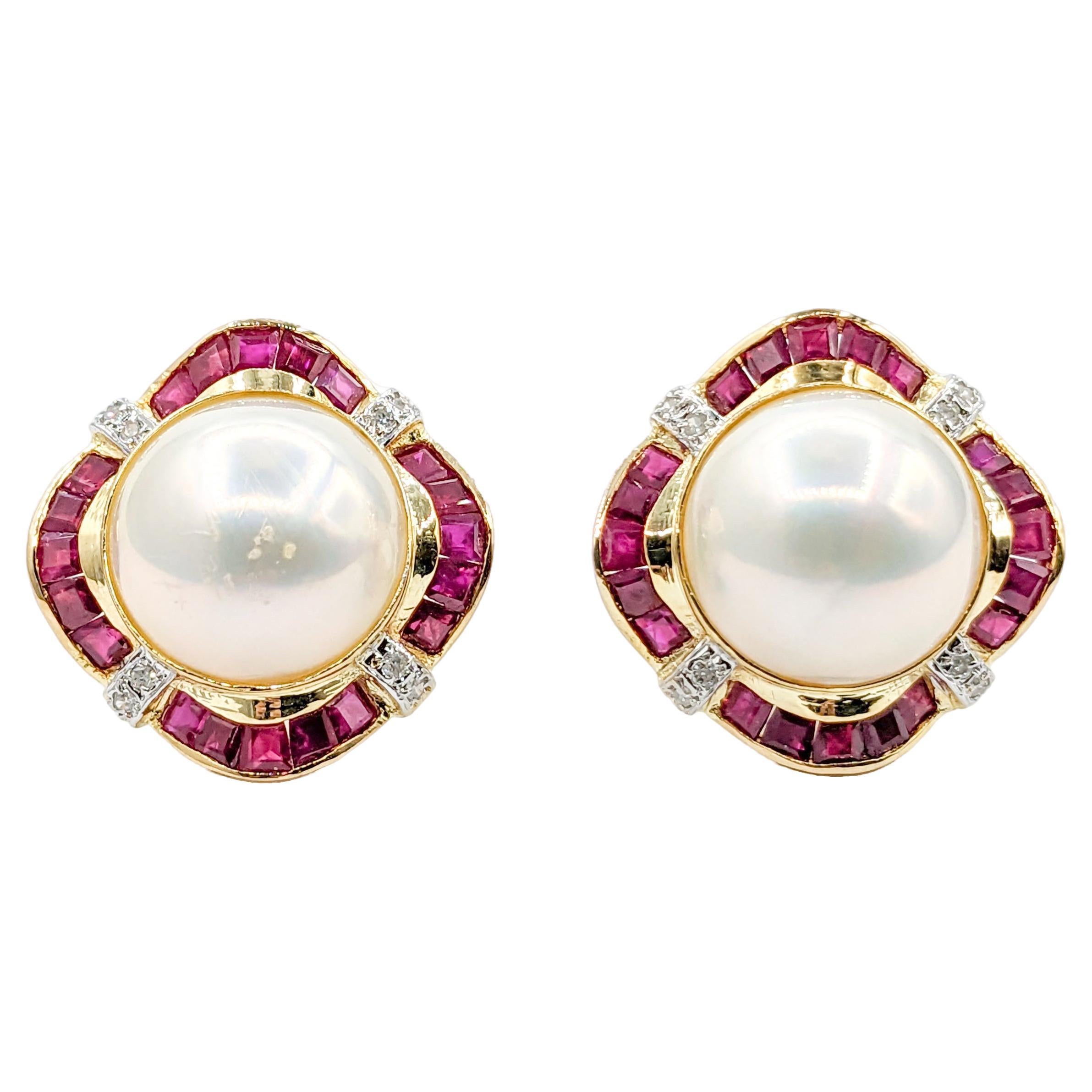 Pearl, Ruby and Diamond Halo Omega Stud Earrings in Gold For Sale at ...