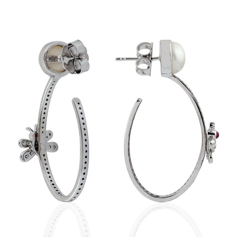 Pearl and Ruby Hoops with Butterfly Design in Diamonds Made in 18k Gold ...