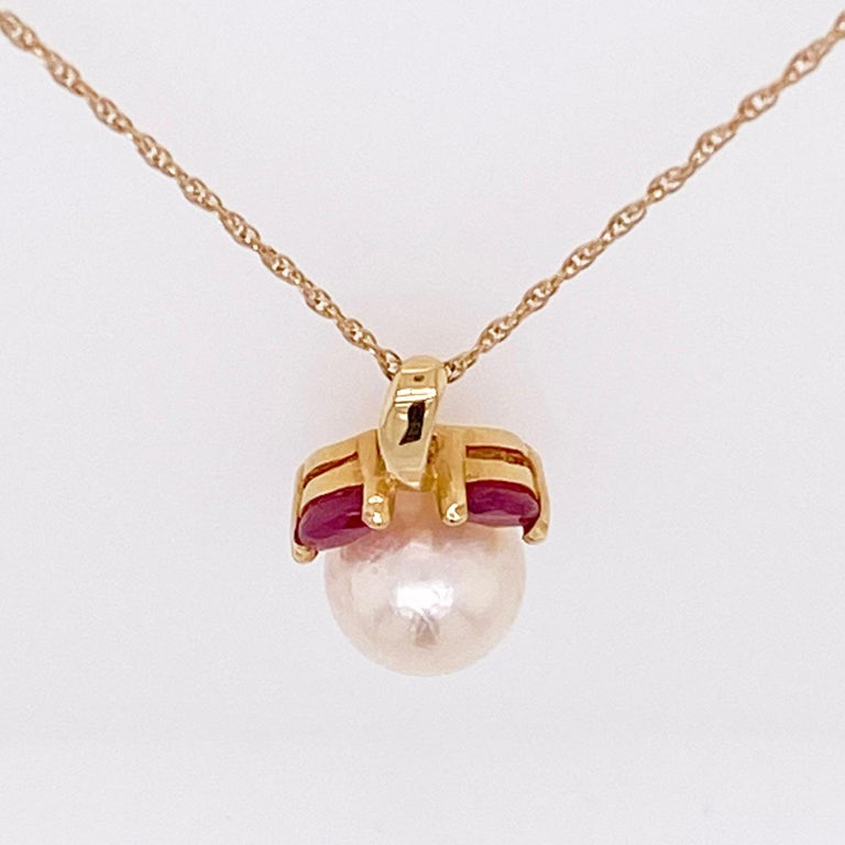 Pearl Ruby Pendant, 14K Cultured Pearl Necklace, Leaf, Nature Inspired ...