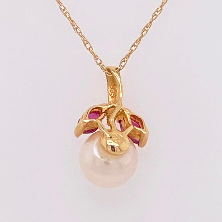 Pearl Ruby Pendant, 14K Cultured Pearl Necklace, Leaf, Nature Inspired ...
