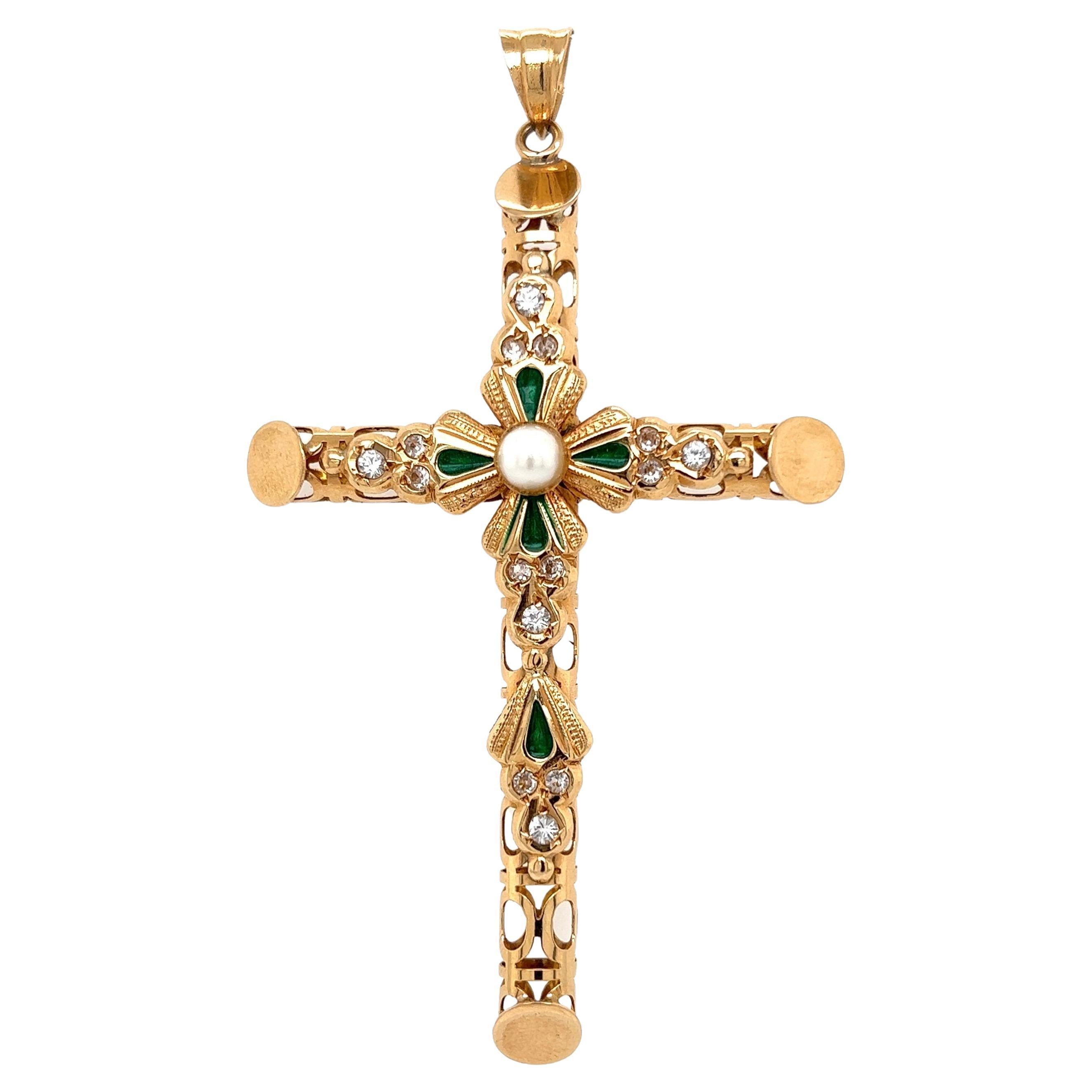 Perle Saphir und Emaille Gold Crucifix Kreuz Gold Anhänger Halskette im ...