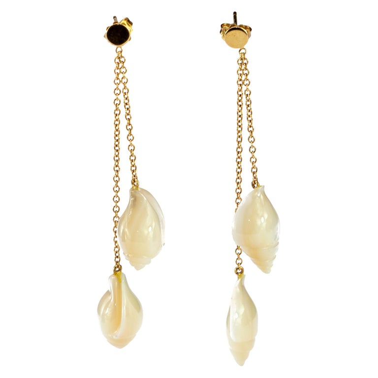 Pearl Sea Shells 18 Karat Yellow Gold Stud Drop Dangle Chain Cocktail ...