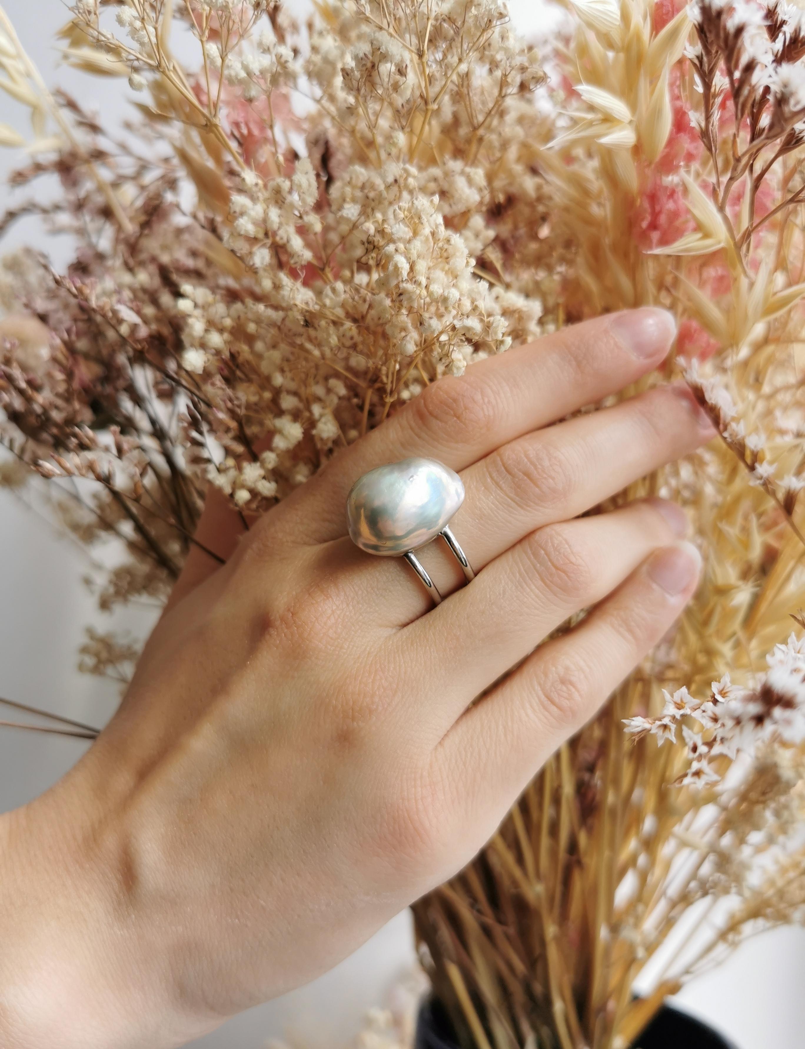 Pearl Set in 18 Karat Gold Ring, Baroque Shape Created by Marion ...