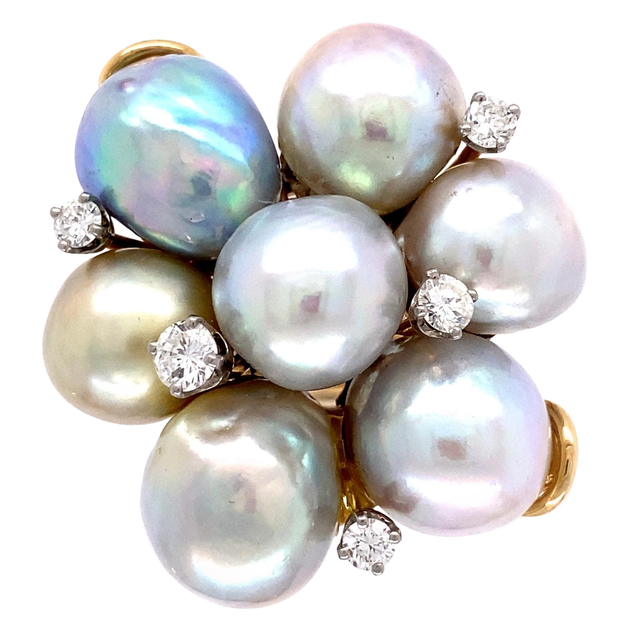 Pearls and Diamonds Modernist Gold Cocktail Cluster Ring Estate Fine ...