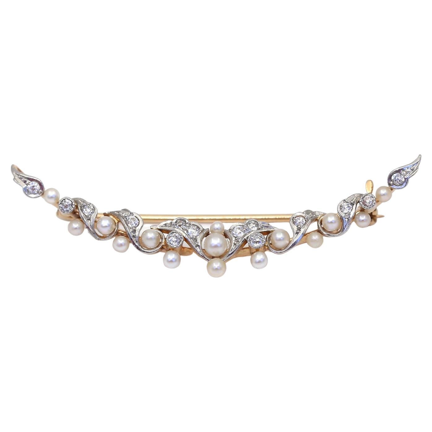 Platinum Gold Old-Mine Diamonds Pearl Brooch, 1930 For Sale at 1stDibs