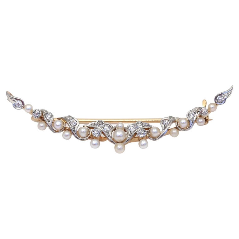 Pearls Old-Mine Diamonds Crescent Brooch, 1930 For Sale at 1stDibs