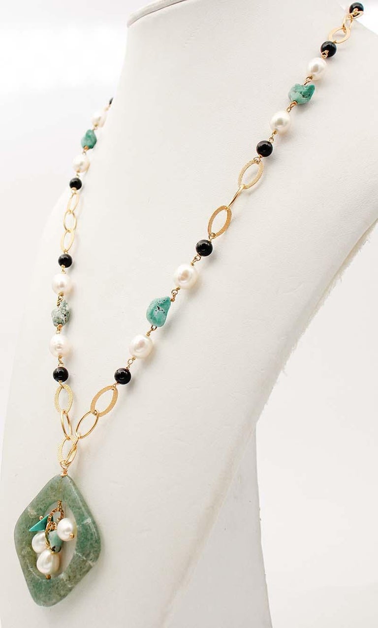 Pearls, Onyx, Turquoise, Green Stone, Pendant Necklace For Sale at 1stDibs