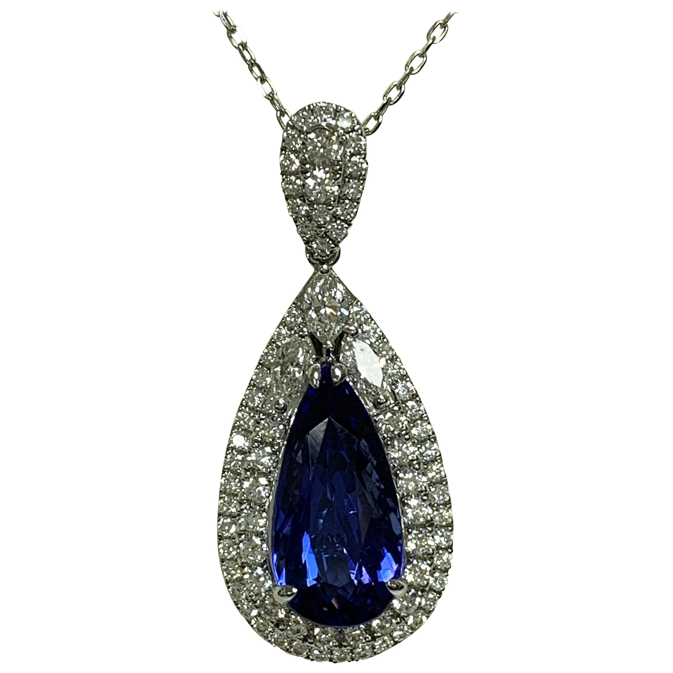 40.91 Carat Flawless Blue Pear Shape Tanzanite Diamond Pendant Necklace ...