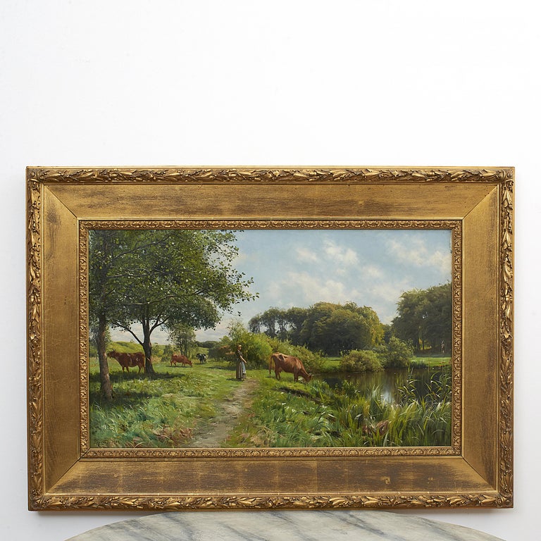 Peder Monsted Painting, Landscape with Young Woman and Cows at 1stDibs