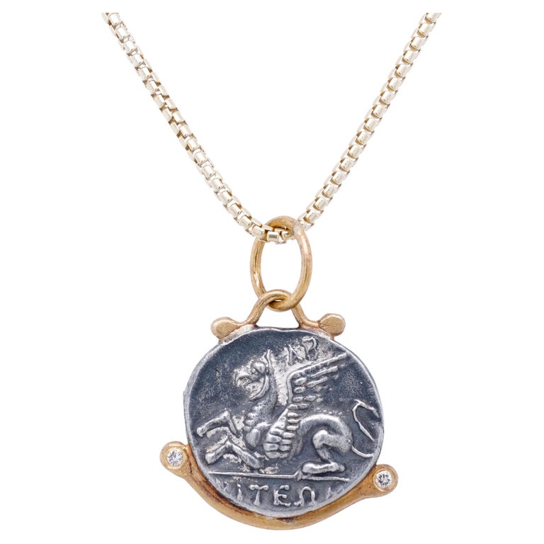 Pegasus Coin Charm Amulet with Diamonds, 24kt Gold and Silver For Sale ...