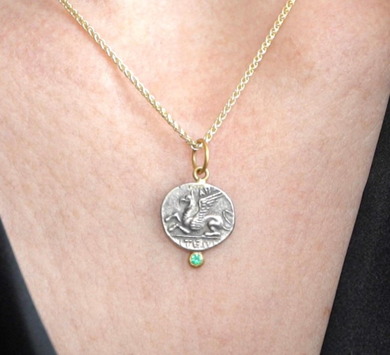 Pegasus Coin Charm Amulet with Emerald, 24kt Gold and Silver by ...