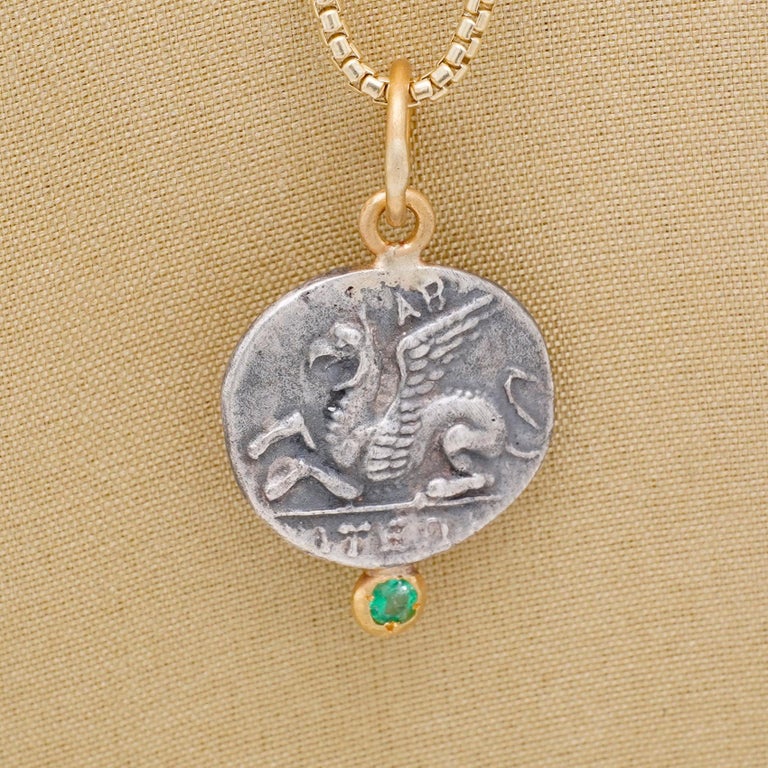 Pegasus Coin Charm Amulet with Emerald, 24kt Gold and Silver by ...