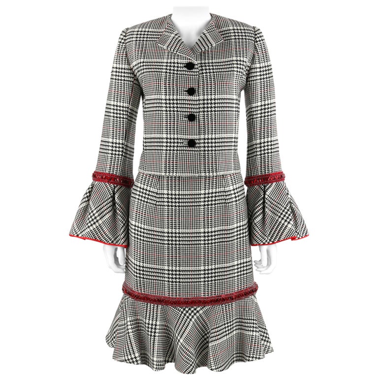 PEGGY JENNINGS Couture Houndstooth Ruby Red Trim Trumpet Skirt Jacket ...