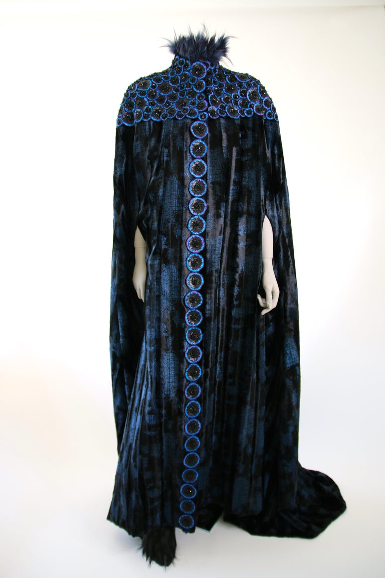 Pelush Black and Blue Faux Fur Couture Opera Coat Cape with Embroidery ...