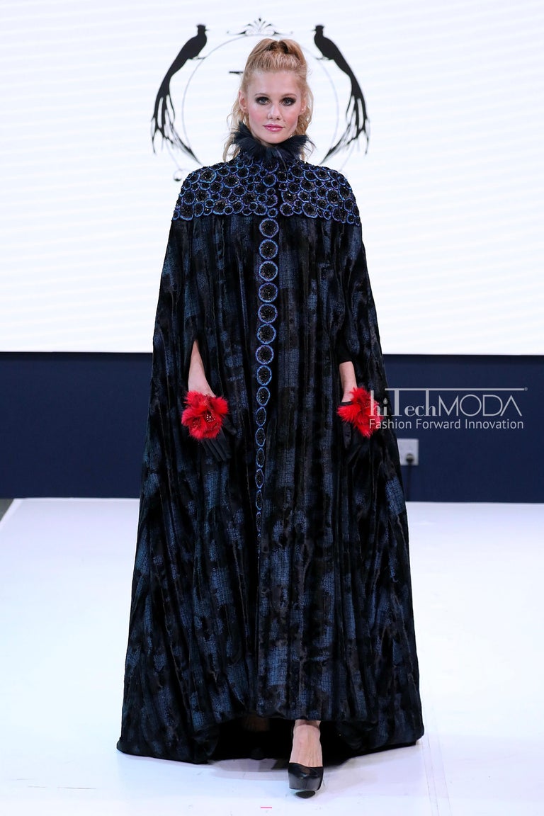 Pelush Black and Blue Faux Fur Couture Opera Coat Cape with Embroidery ...