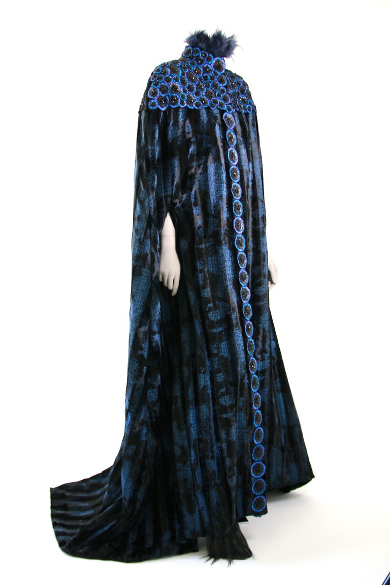 Pelush Black and Blue Faux Fur Couture Opera Coat Cape with Embroidery ...