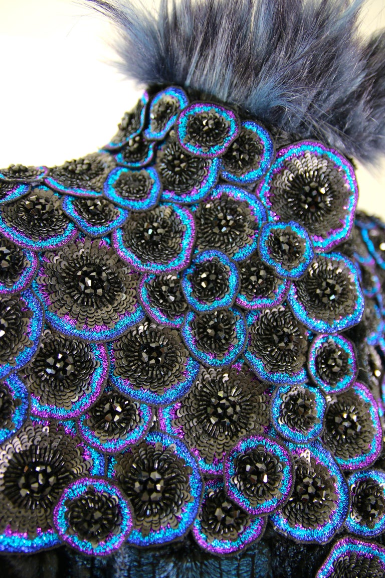 Pelush Black and Blue Faux Fur Couture Opera Coat Cape with Embroidery ...