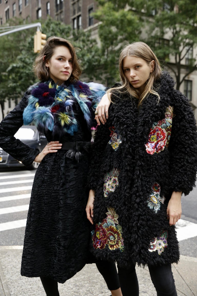 Pelush Black Boucle' Faux Fur Coat With Revere' Collar And Embroidery Patches -S For Sale at 1stDibs