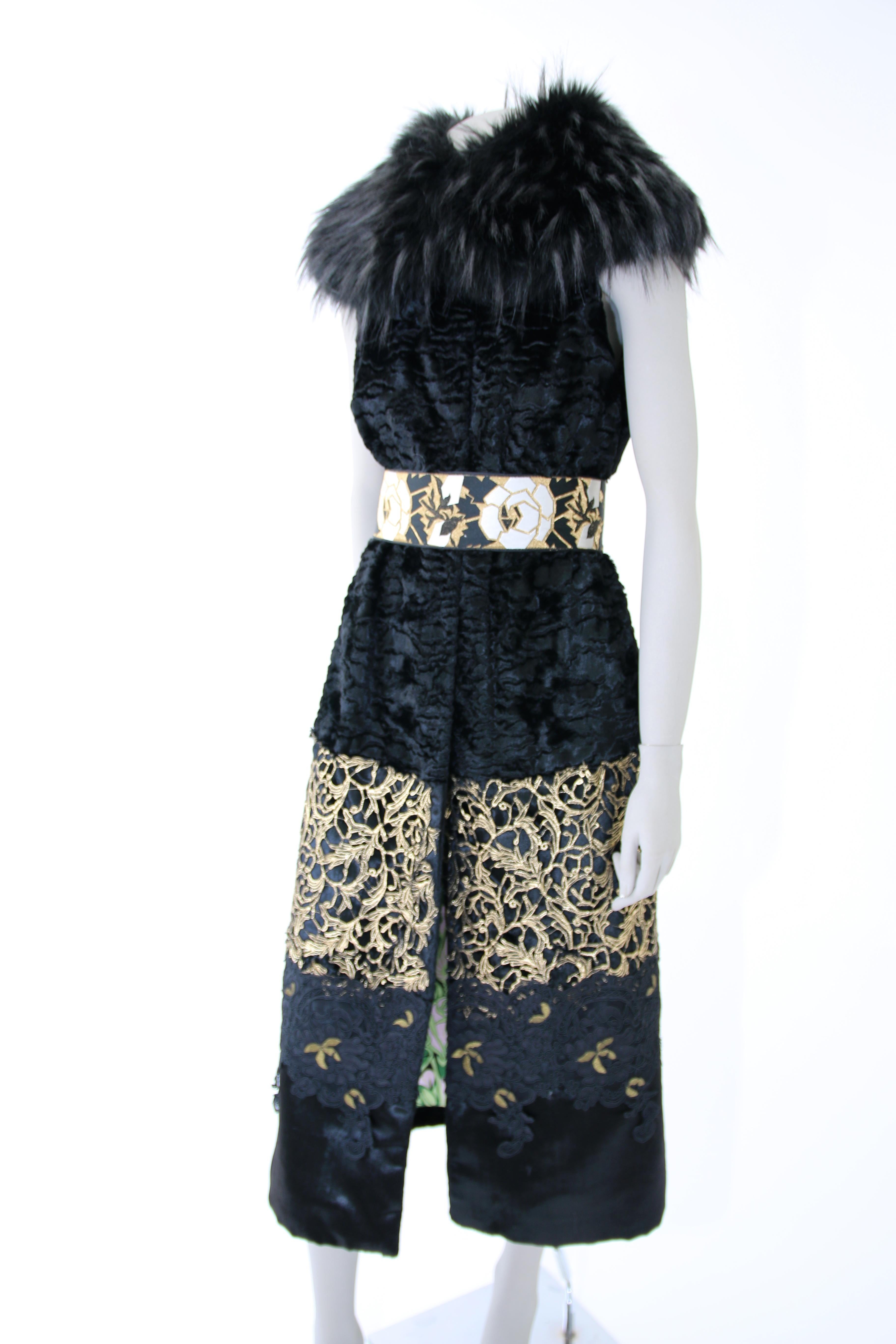 Pelush Black Faux Fur Astrakhan Vest with Gold Guipure and Faux Fox Collar - S For Sale at 1stDibs