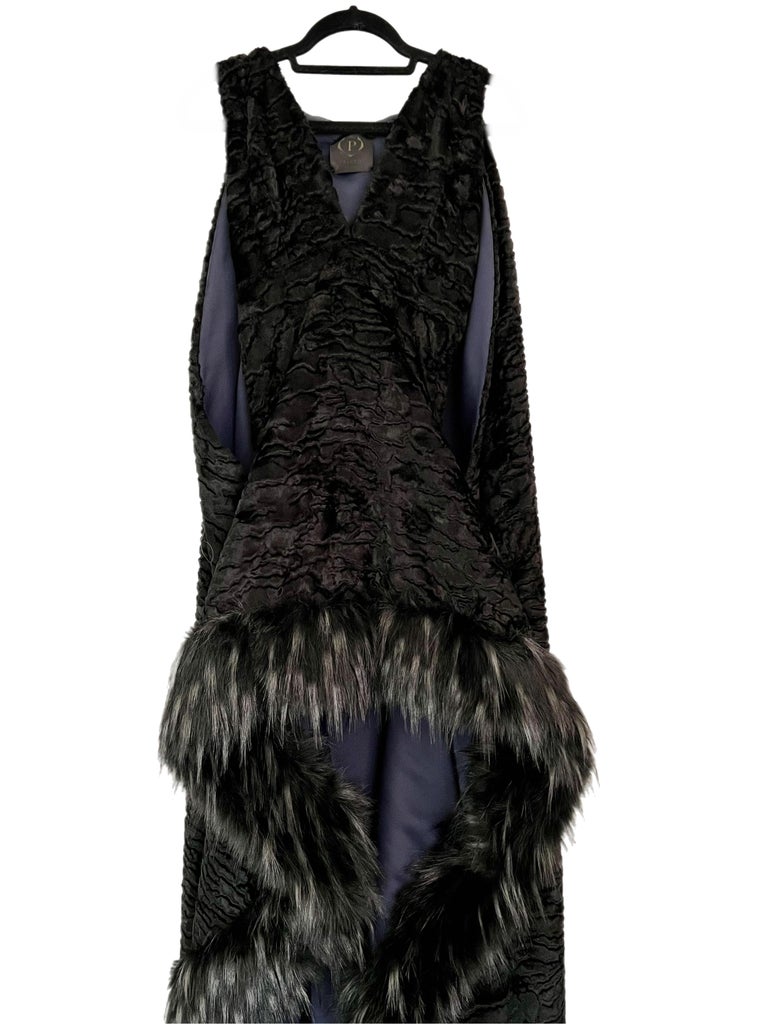 Pelush Black Faux Fur Couture Gown Dress in Faux Broadtail and Faux Fox - XS For Sale at 1stDibs